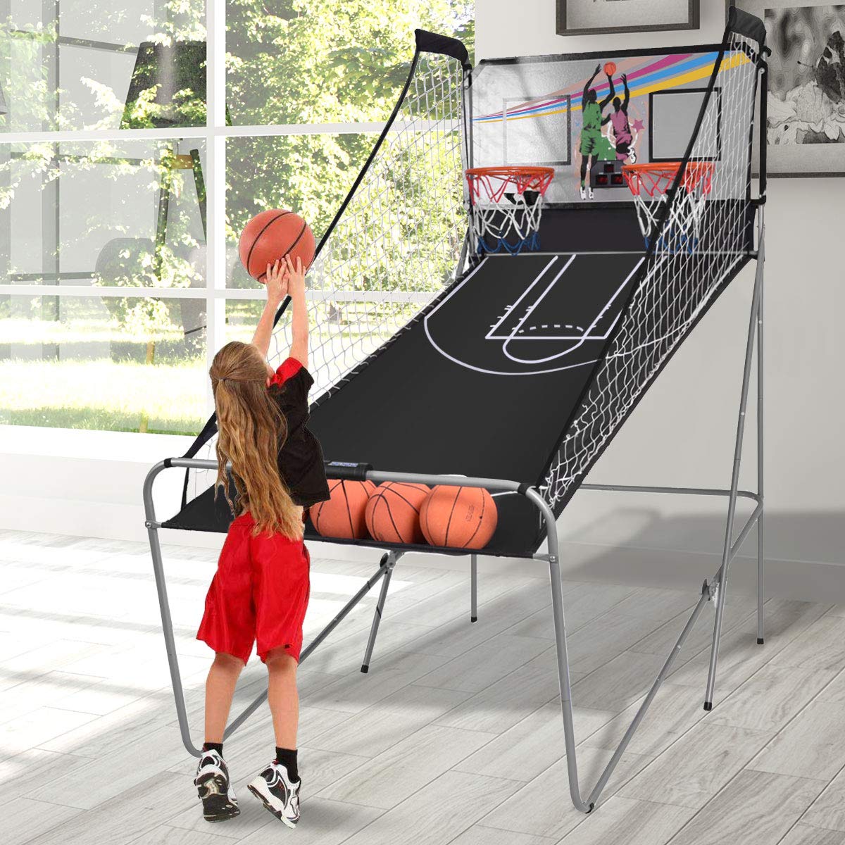 Giantex Foldable Basketball Arcade Game, 8 Game Options, Electronic Double Shot 2 Player w/ 4 Balls and LED Scoring System, Indoor Basketball Game for Kids, Adults