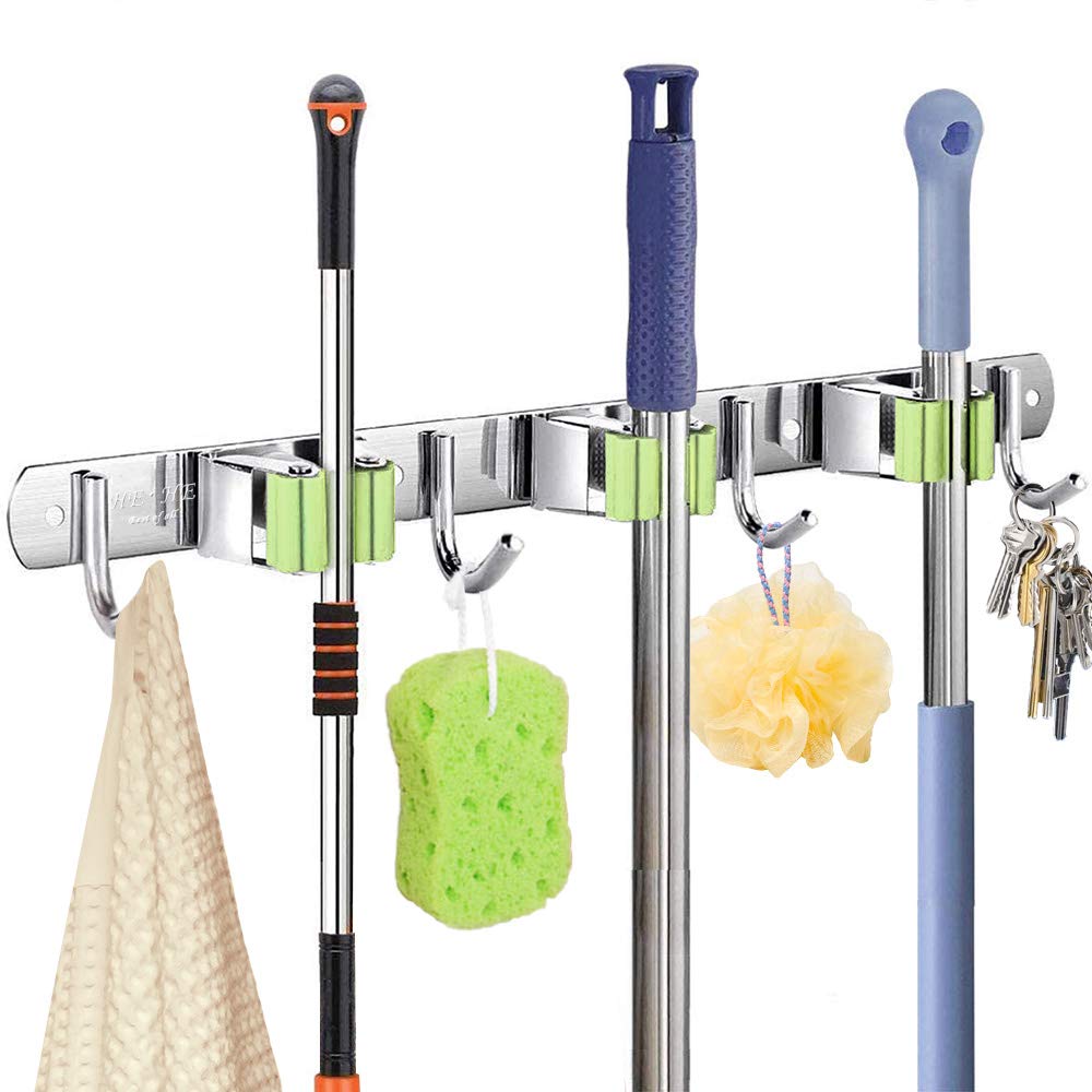 Broom Mop Hook Holder Wall Mount Installation-16inch, Organizer 304 Stainless Steel 3 Racks 4Hooksfor Home Bathroom Kitchen Garage Office Closet Garden Laundry Storage,Wall Mount Hooks 1pack Gray