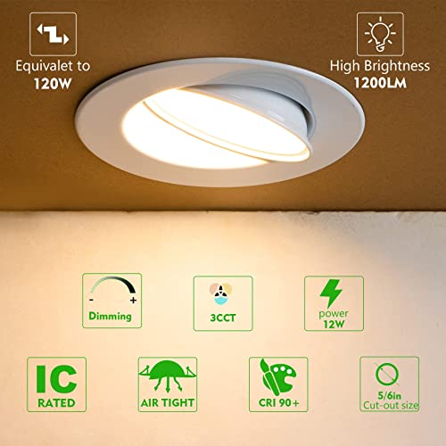 bulbeats 6 Inch Gimbal LED Recessed Light and LED Downlight, ๐ ๐ฒ๐๐ฎ๐น LED Recessed Can Light 6inch 3000K/4000K/5000K 140lm/w (high efficency) Dimmable Directional Ceiling Light CRI90-12 Pack ETL