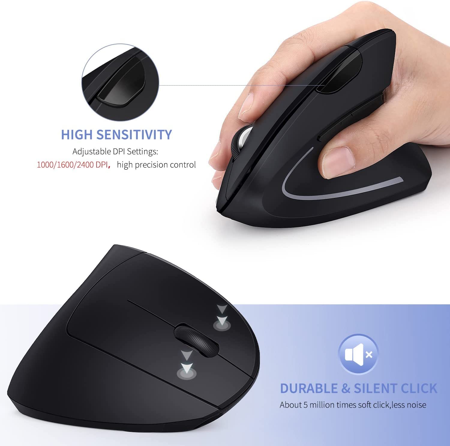 Bluetooth Ergonomic Mouse, 2.4G Wireless + Bluetooth Dual-mode Vertical Mice for 3 Devices, 6 Buttons, Silent Rechargeable Wireless Mouse for PC / Laptop / Desktop with Windows, Mac, Linux (Black)