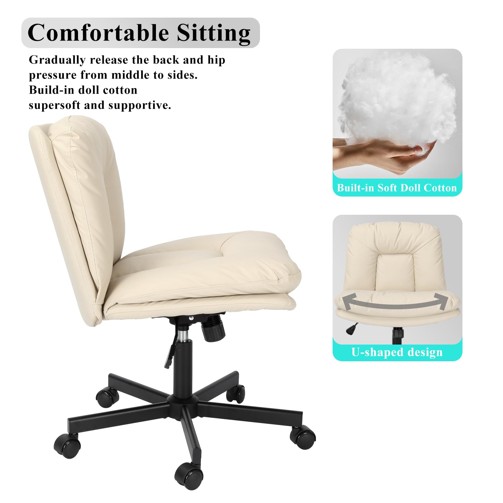 borinlan Armless Office Desk Chair with Wheels, PU Leather, Cross-Legged Wide Seat, Thickened Cushion, Adjustable Swivel, for Home/Office/Bedroom (with Wheels)