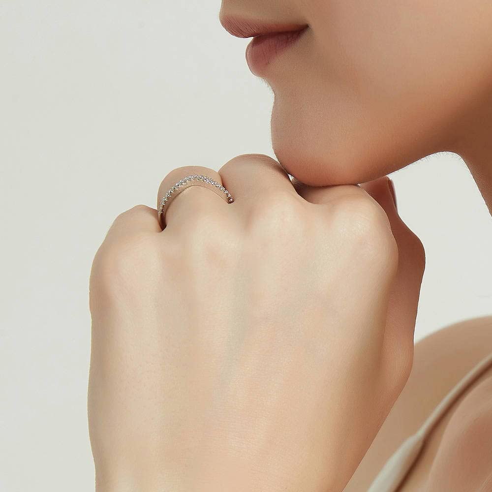 BERRICLE Sterling Silver Wishbone Wedding Rings Cubic Zirconia CZ Curved Half Eternity Ring for Women, Rhodium Plated Size 9