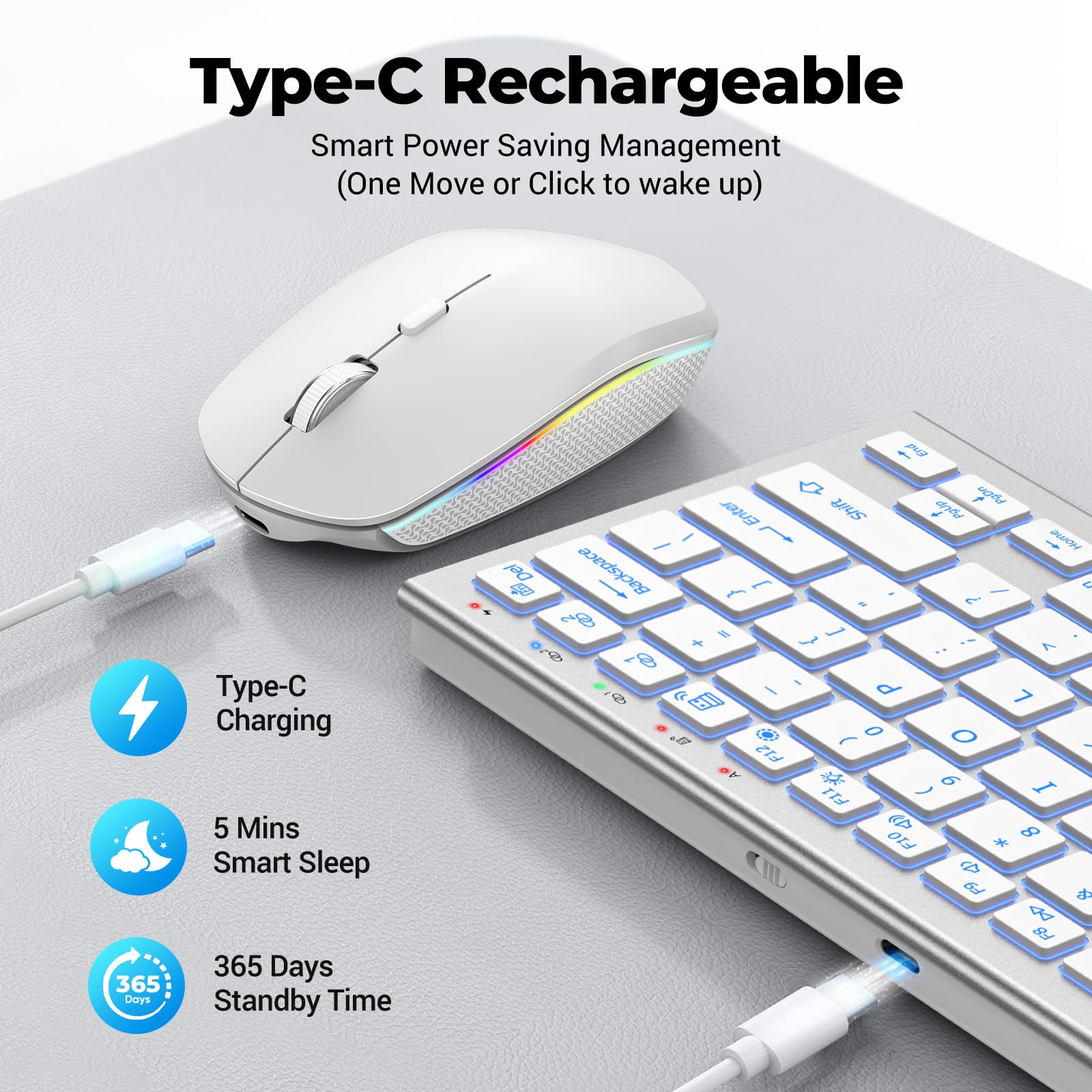FENISIO Wireless Keyboard Mouse, Ultra Slim Bluetooth 2.4G Slient Wireless Keyboard and Mouse Combo with Backlit, Multi-Device USB Rechargeable Keyboard Mouse for Laptop PC Windows Desk (Silver White)