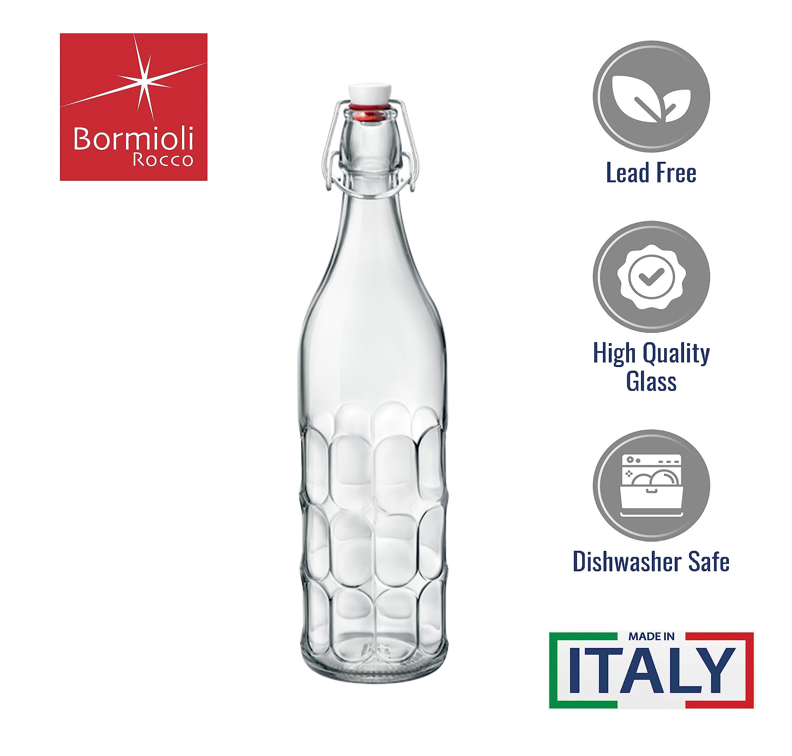 Bormioli Rocco Set Of 2 Moresca Bottles, 33.75 Oz. Clear Textured Glass, With Swing Top Hermetic Lid, Leak Proof Water Bottle, Dishwasher Safe, Made In Italy
