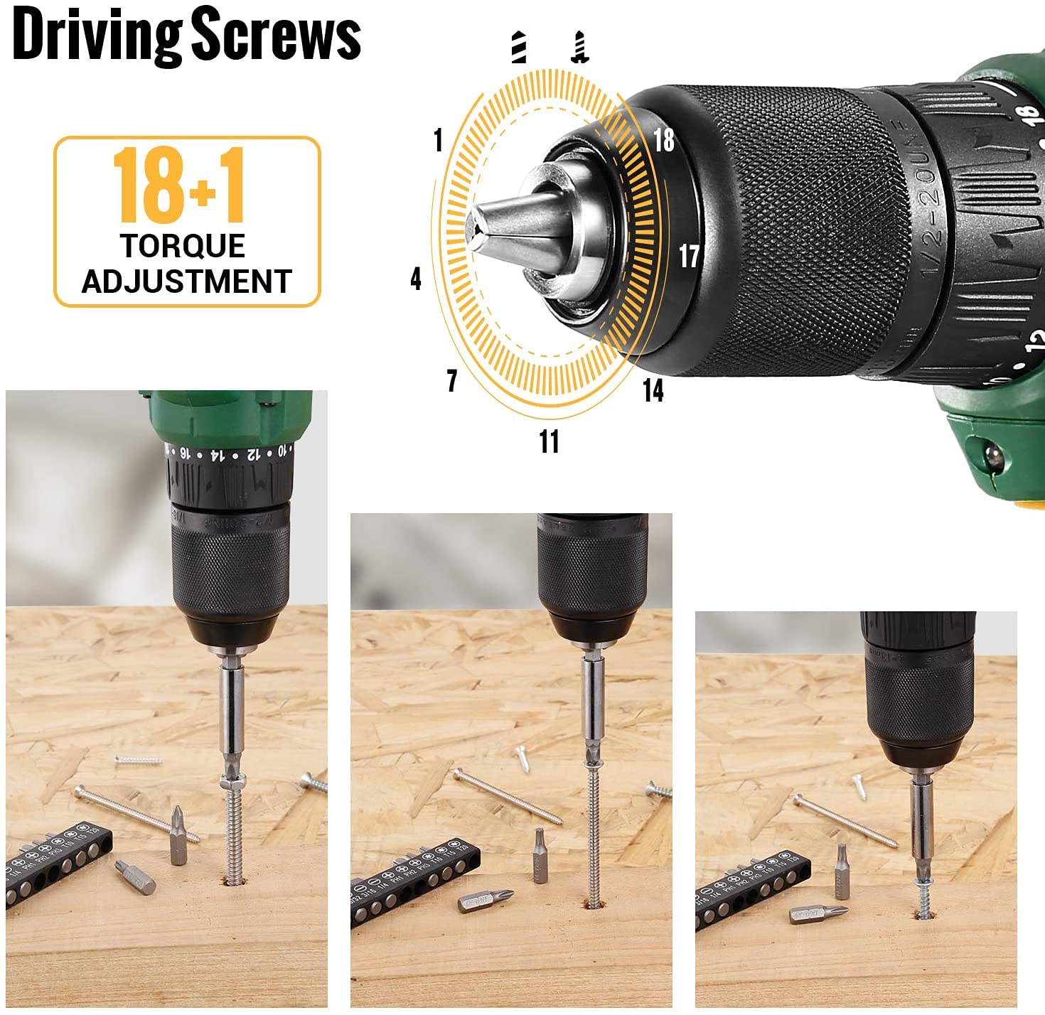Cordless Drill, 20V MAX 1/2 inch Compact Drill Driver Kit, 2.0Ah Lithium-Ion Battery with Fast Charger, Metal Chuck, 398 In-lbs Torque, 18+1 Position Clutch, 17pcs Drill/Driver Bits - BHD750D
