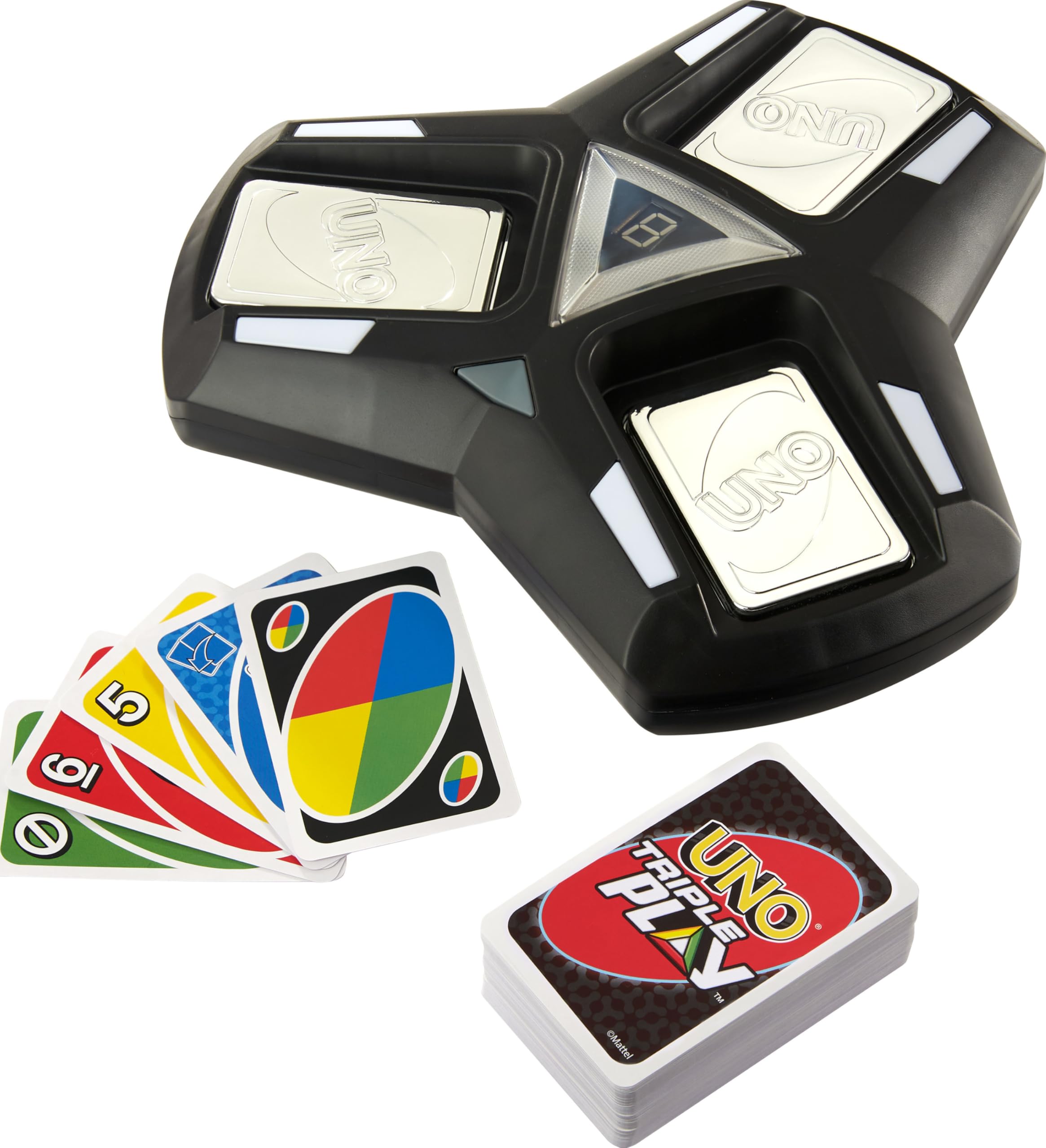 Mattel Games UNO Triple Play Card Game for Family Night with 3 Discard Piles, Lights & Sounds, Special Stealth Mode