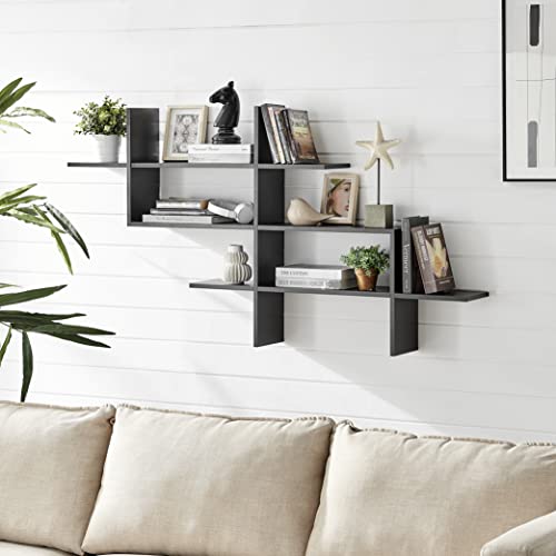 Danya B. 3-Tier Rustic Hanging Wall Mount Floating Ladder Accent Shelf with Criss Cross Asymmetrical Modern Design (Black)