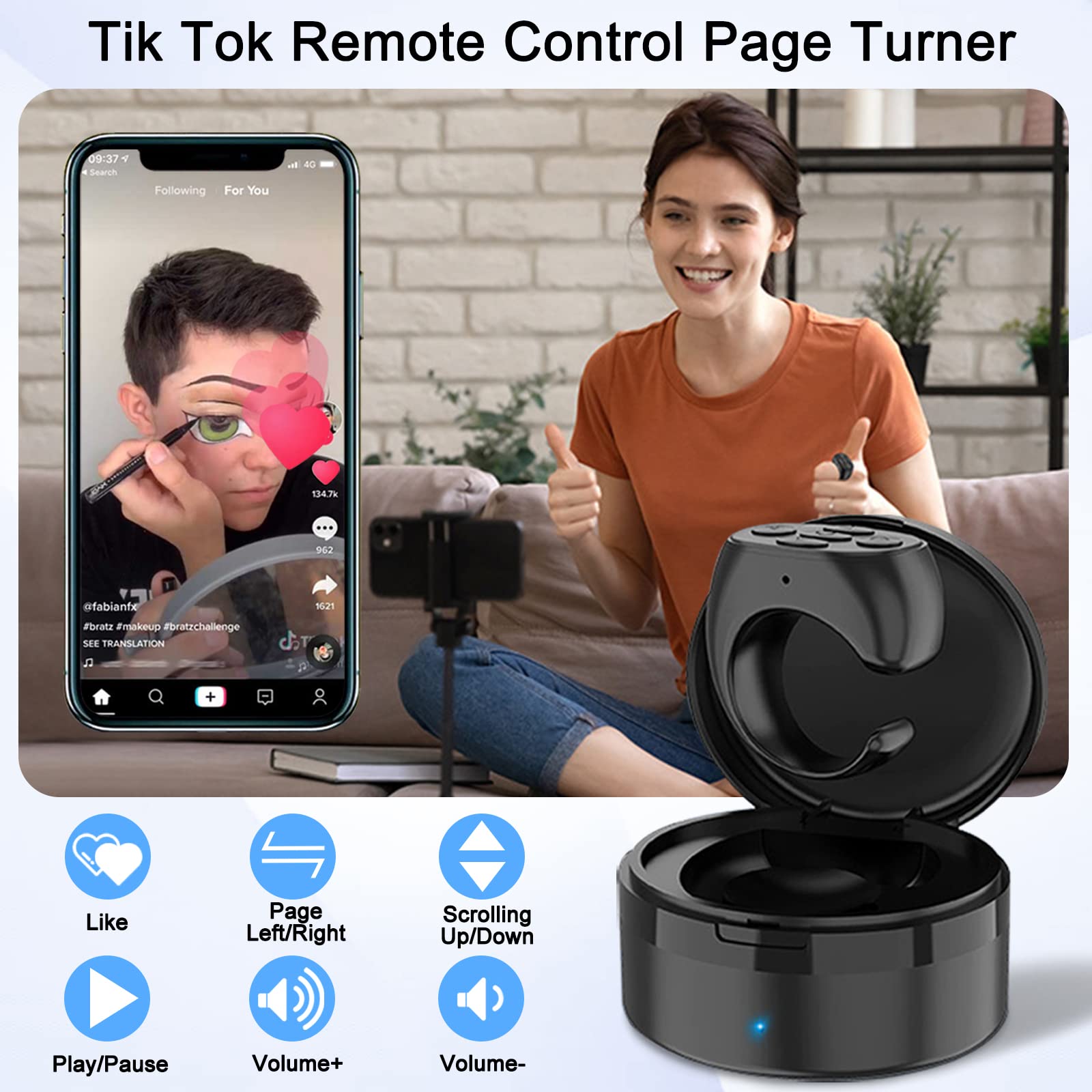 Bluetooths Control for Tiktok,Page Turner for Kindle App and E-Book,Camera Video Remote Recording,Scrolling Ring for Short Video iPhone, iPad, iOS, Android - Black