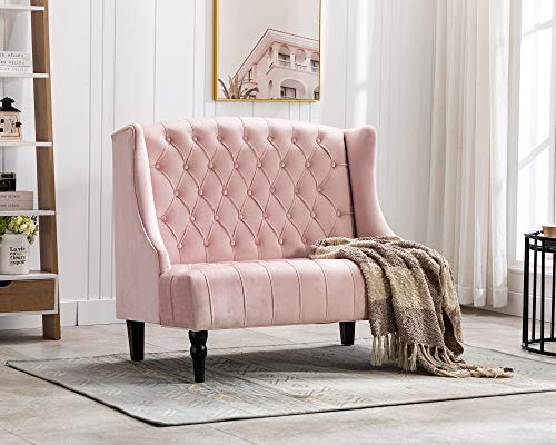Artechworks Velvet Tufted High Back Loveseat Sofa for Living Room, Bedroom, Home Office, Hosting Room, Wingback Club Chair, Pink