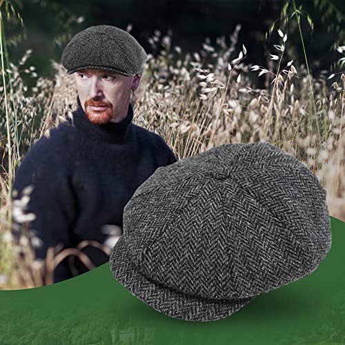 Biddy Murphy Newsboy Hat for Men Irish Flat Cap 100% Wool Tweed, Herringbone, Imported, Large Gray