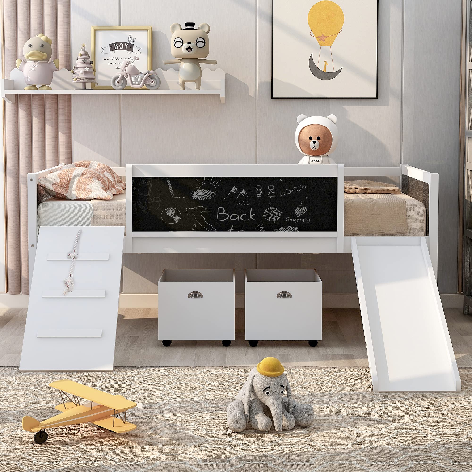 GLCHQ Multifunctional Design Kids Loft Bed with Slide for Boys & Girls Bedroom (White, Twin)
