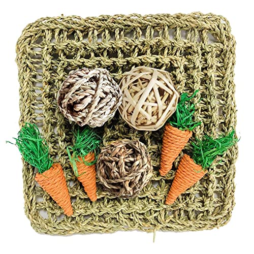 Hamiledyi Rabbit Seagrass Mat Activity Mat Bunny Chew Toy Small Animal Activity Play Ball Carrot Toy for Hamster Guinea Pigs Gerbils