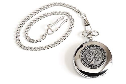Biddy Murphy Shamrock Pocket Watch Made in Ireland Shamrock Pewter Medallion Stainless Steel Case with Chain Exclusive Made by Mullingar Pewter on Co. Westmeath, Ireland