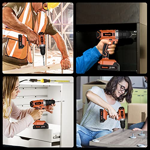 Cordless Drill, Bravolu 21V Cordless Electric Drill Set with 1 x 2Ah Battery, Torque 18 + 2, 310 in-lbs Max, 3/8-Inch Keyless Chuck 1500RPM 2 Variable Speeds and LED light, for Drilling Wood and Metal