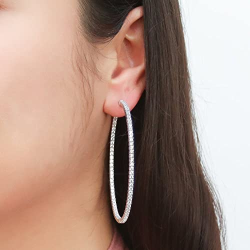 BERRICLE Sterling Silver Cubic Zirconia CZ Statement Large Fashion Inside-Out Hoop Earrings for Women, Rhodium Plated 2.5"
