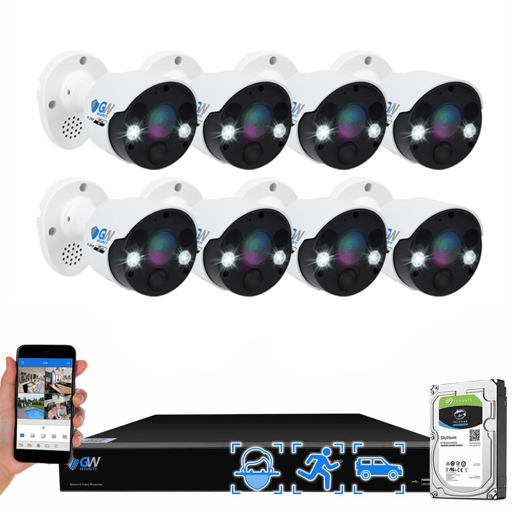 GW Security 2-Way Audio Floodlight 8.0 Megapixel IP Camera System, 16 Channel 12MP NVR with 8 x 8MP PIR Outdoor/Indoor H.265 UHD 4K PoE Security Camera Thermal, Heat & Motion Sensing, Two Way Talk