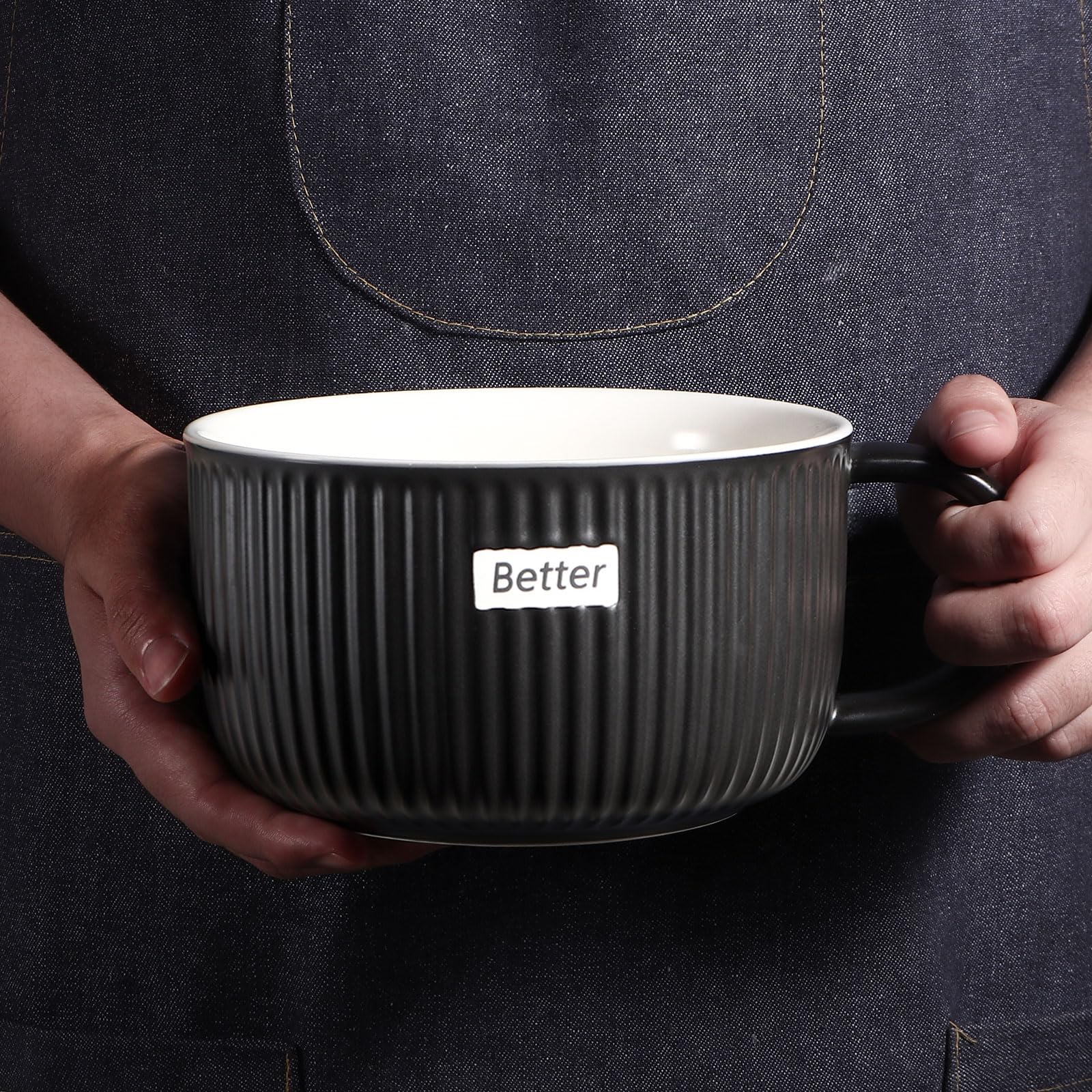 Artena 38 Ounce Soup Bowl with Handles, 6 inch Jumbo Soup Mug with Handles, Wide Large Cereal Bowl for Oatmeal, Gumbo, Salad, Oversized Black Glazed Ceramic Soup Cup, Microwave & Oven Safe