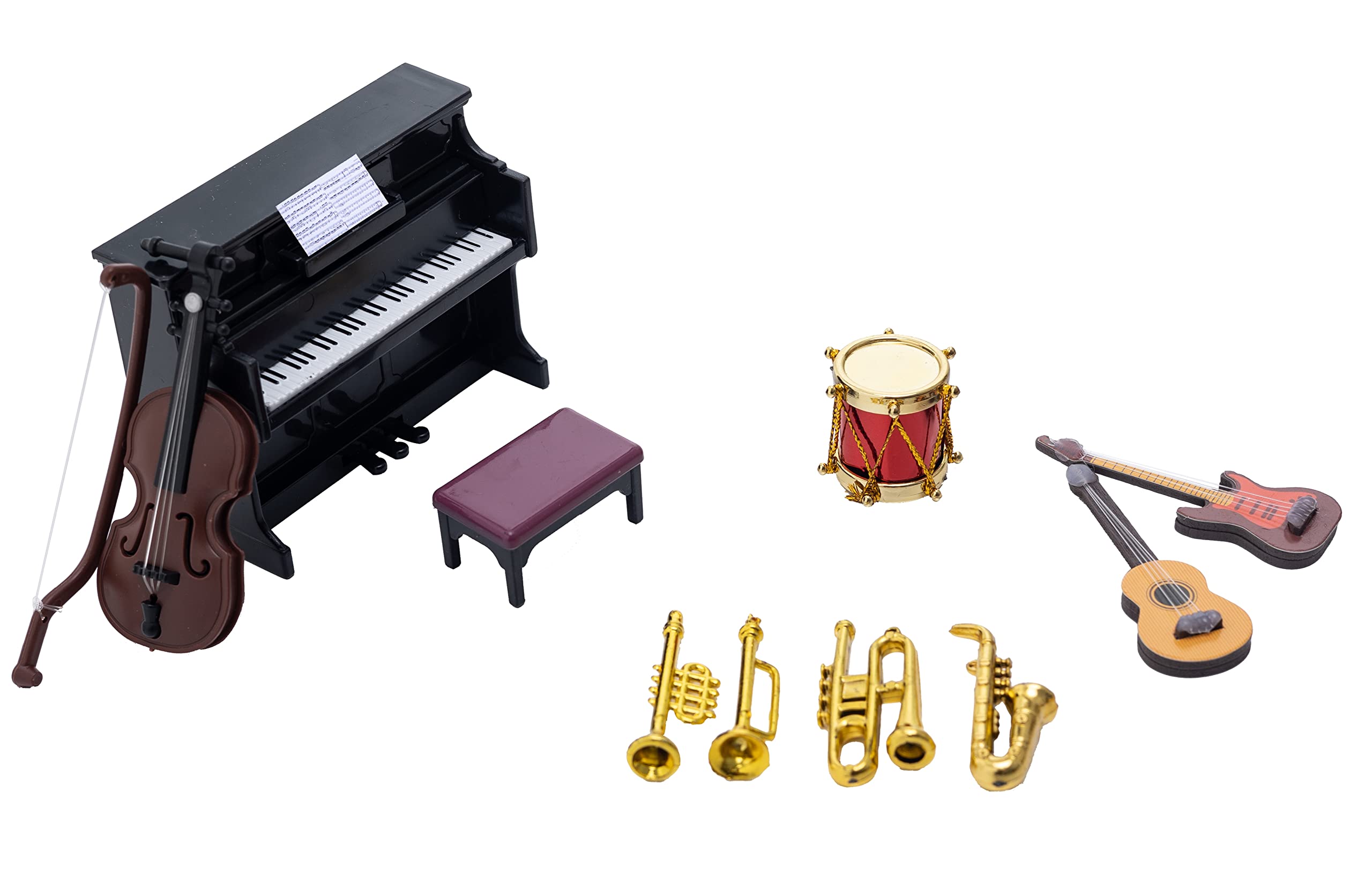 Kodycity Dollhouse Miniature Musical Instruments Set Mini Accessories Piano Violin Trumpet Guitar Saxophone Drum Doll House Accessory Miniatures 1 12 Scale for Model Music Room Decor