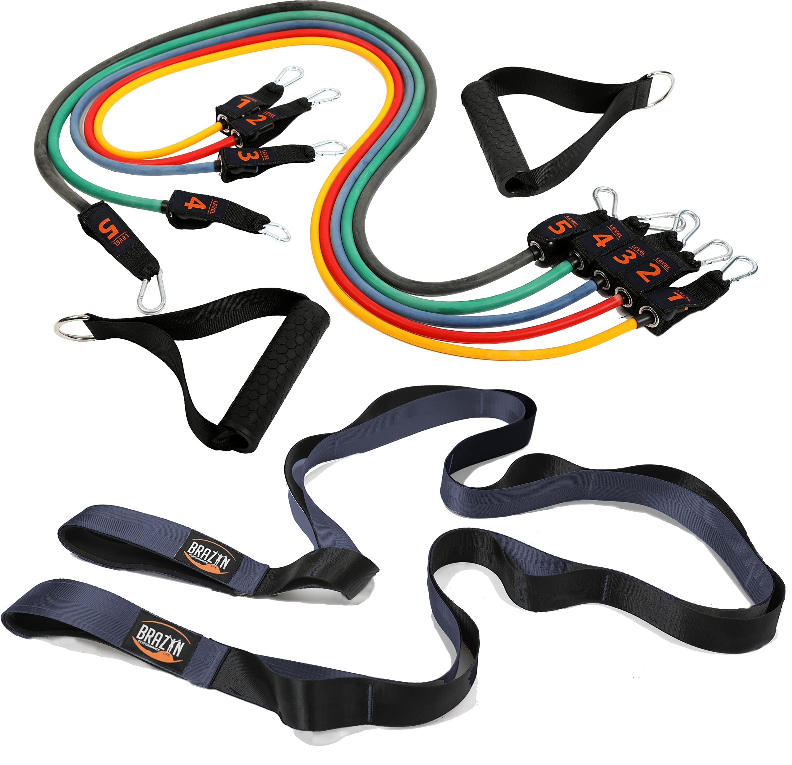 Brazyn Bundle - Resistance Bands Kit (with Handles) and Mobility Stretching Strap (Navy) for Home Workouts, Strength Training, Stretching, Yoga, Physical Therapy, Pilates, Dance and Gymnastics