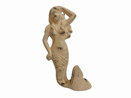Hampton Nautical Aged White Cast Iron Mermaid Hook 6" - Decorative Wall Hook - Beach Theme
