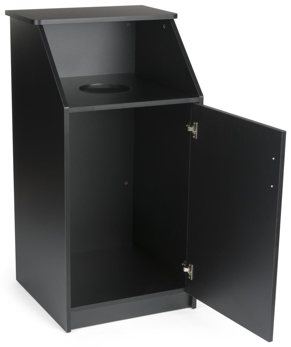 Displays2go Commercial Trash Bin with Black Finish, MDF Construction, Melamine Finish, Circular Cutout - Hinged Door (LCKDTLCSBK)