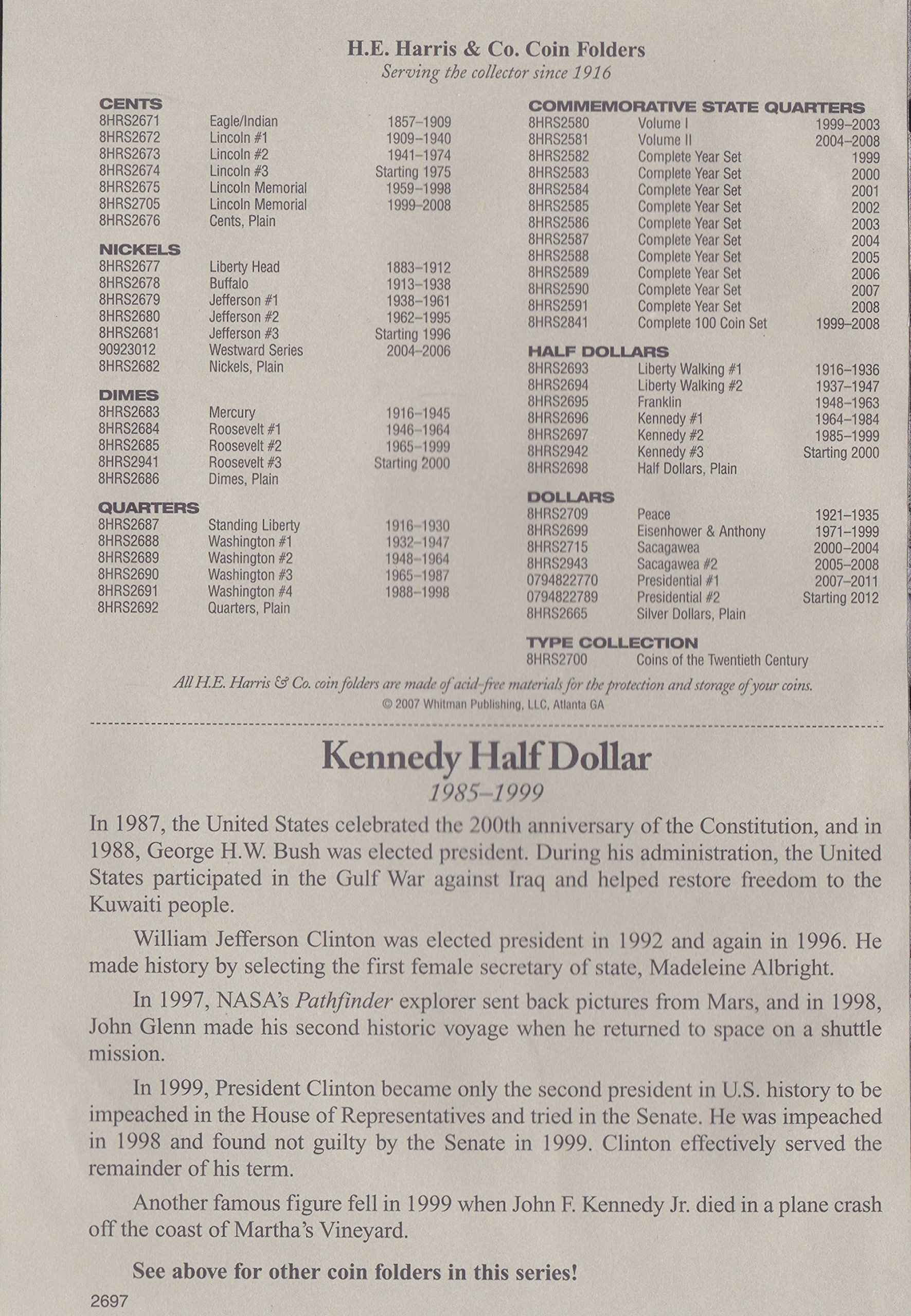 H.E. Harris & Co. US John F. Kennedy Half Dollar Coin Folder 1985 – 1999 #2697
