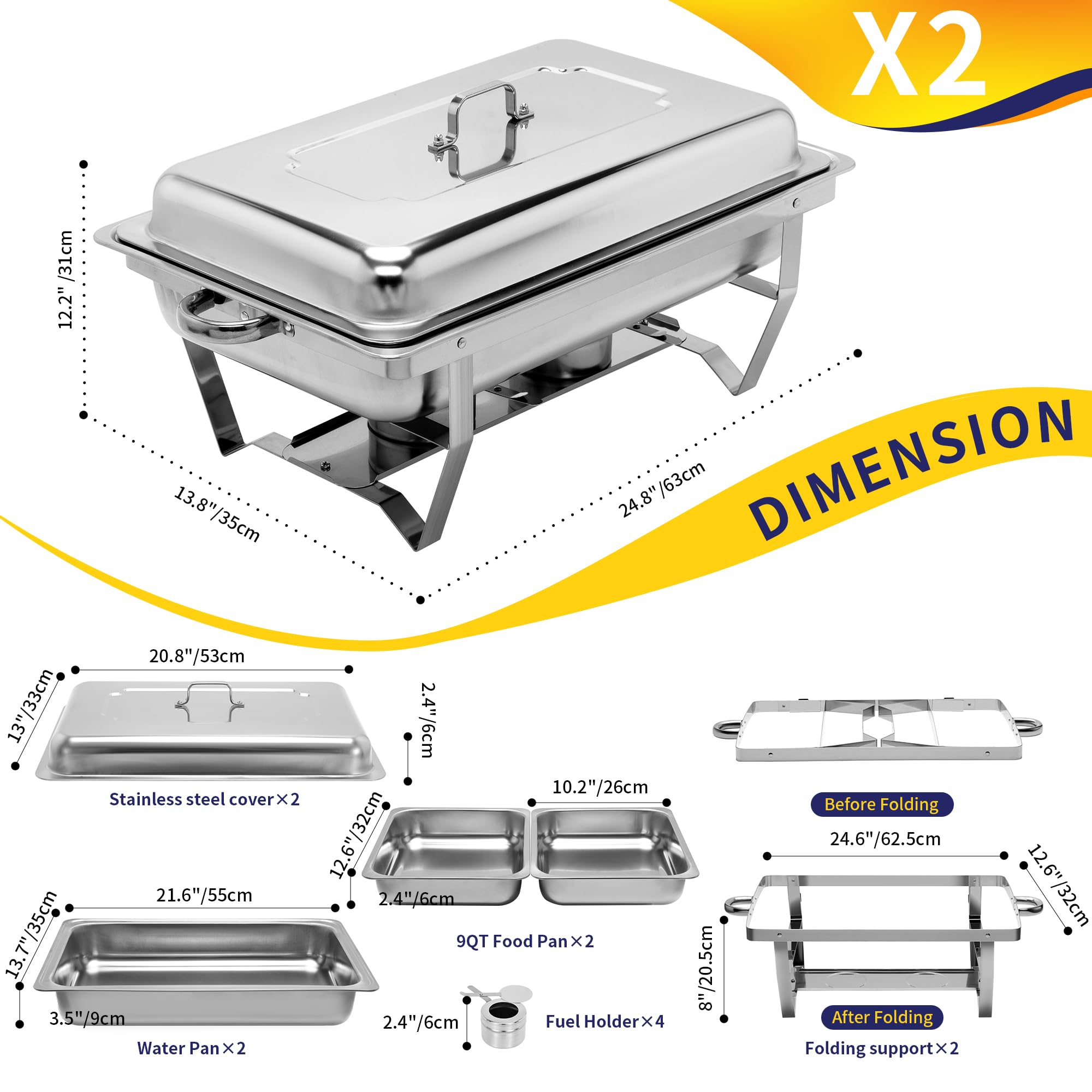 BIEAMA 2 Pack 9.5QT Chafing Dish with Full Size Food Pans, Stainless Steel Chafer Complete Set, Food Warmer