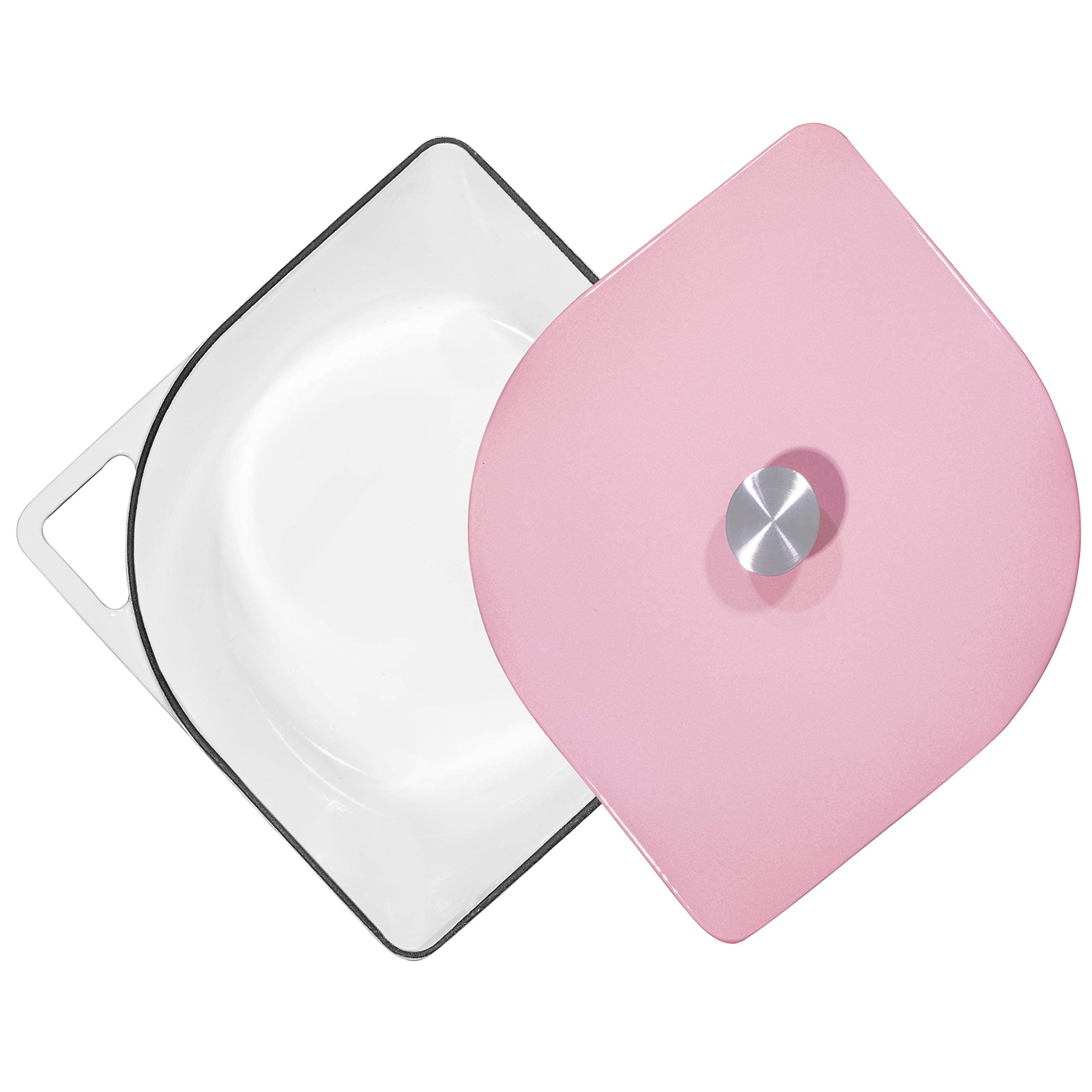 Bruntmor 3 Quart Cast Iron Enameled Dutch Oven - Modern Squoval Design - Nonstick Seasoned Pot with Stainless Steel Knob - Ideal for Christmas/Thanksgiving Dinner - White with Pink Lid