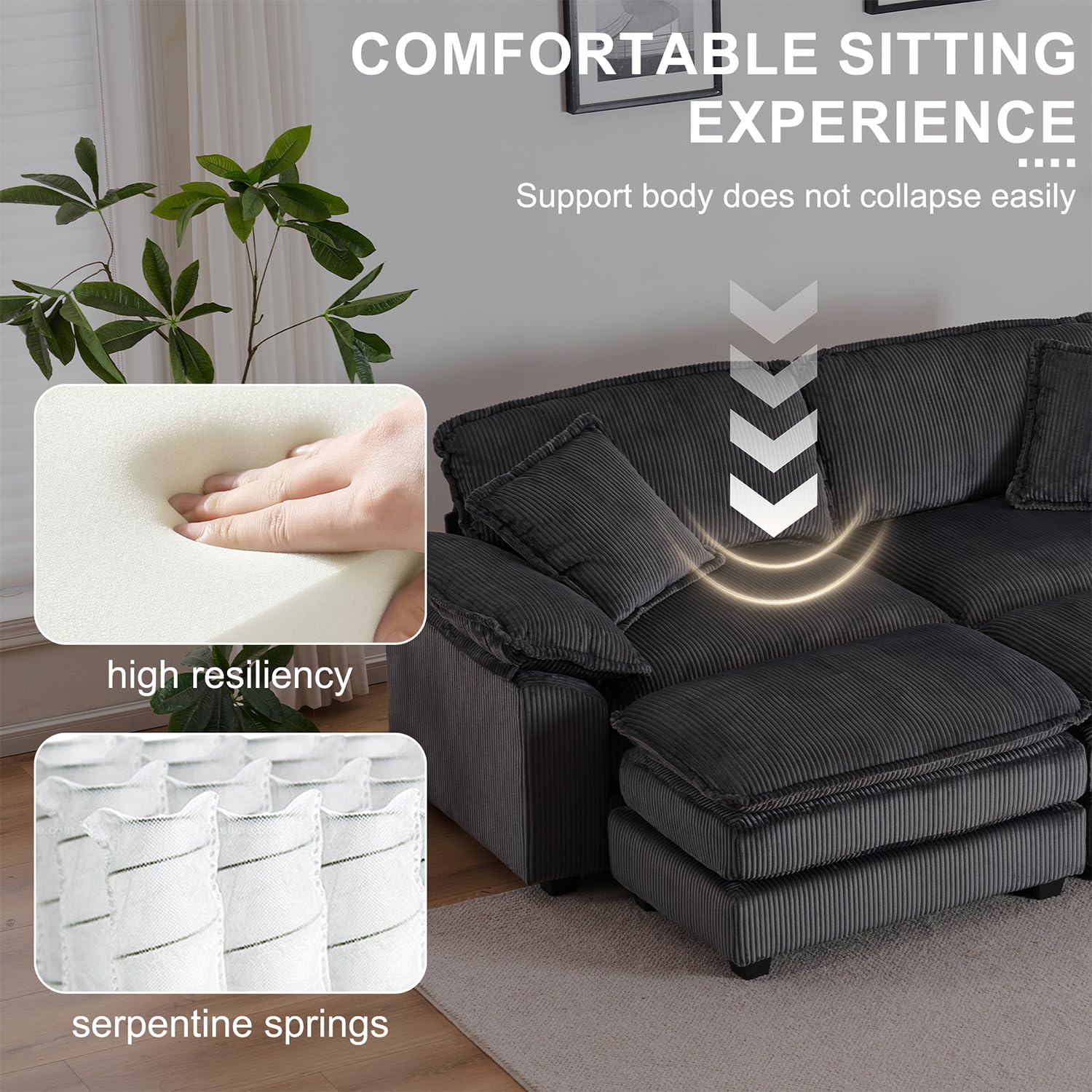Corduroy Modular Sectional Couch, 84“ Width Oversize Loveseat Sofa, Comfy Plush Cloud Couch Lounge Chair with Ottomans and 2 Pillows for Small Spaces, Living Room, Bedroom, Office (Grey)
