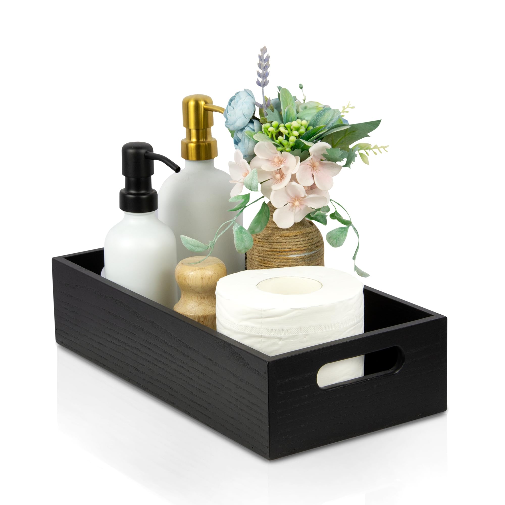 Black Bathroom Basket Organizer - Ash Wood Toilet Tank Paper Basket with Handle for Organizing - Back of Toilet Storage Organizer for Bathroom Tank Topper Counter - Black Bathroom Decor Box
