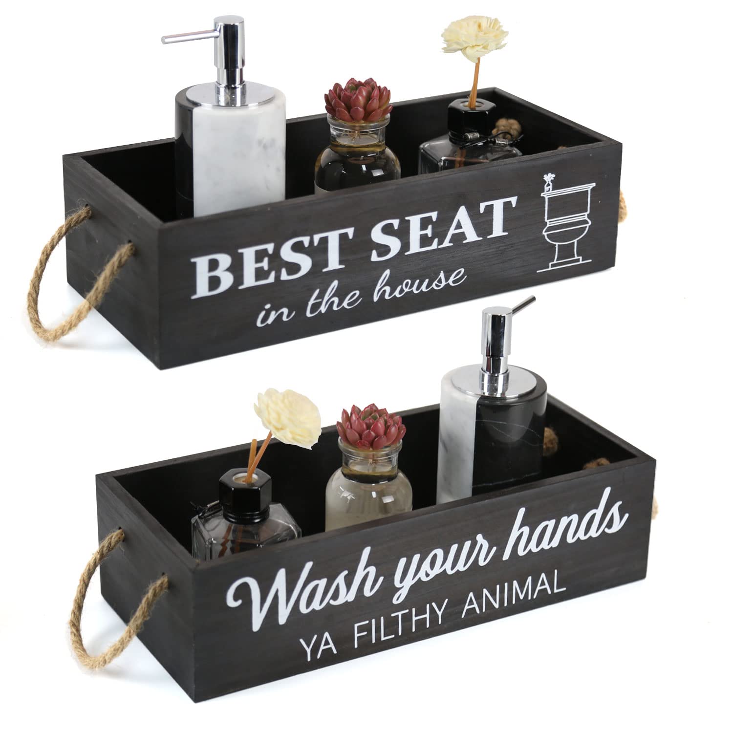 CuffUp Bathroom Decor Box, Toilet Paper Basket 2 Sides Signs Farmhouse Bathroom Basket Toilet Basket Tank Topper Rustic Farmhouse Home Decor for Livingroom Kitchen(One Black Rope box)