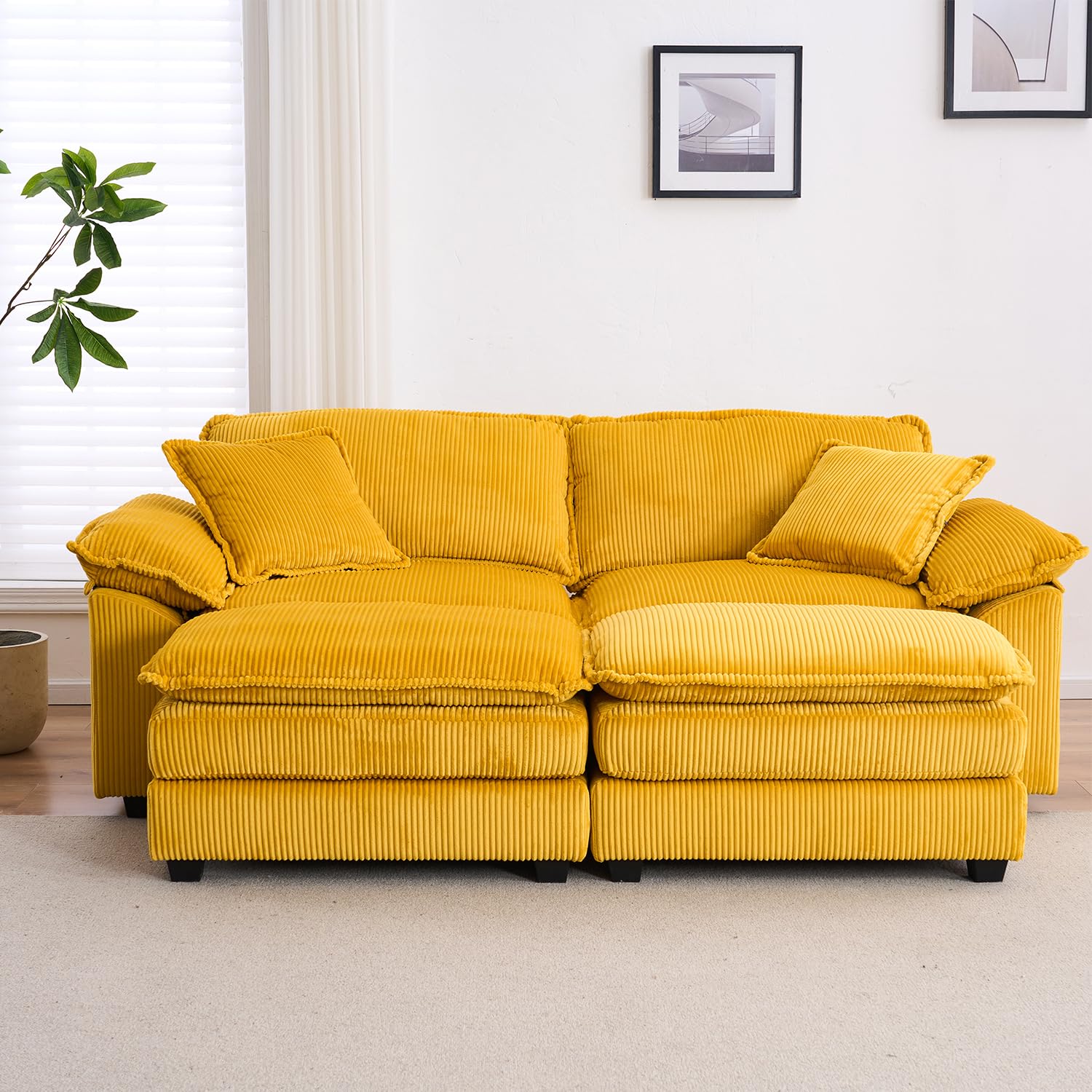 Corduroy Sectional Couch, 84β Width Oversize Loveseat Sofa, Comfy Plush Cloud Couch Lounge Chair with Ottomans and 2 Pillows for Small Spaces, Living Room, Bedroom, Office Easy to Install (Yellow)