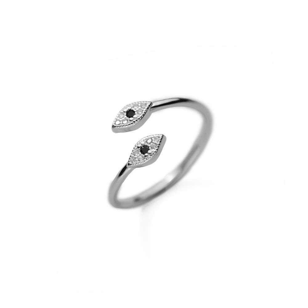 Black Evil Eyes Thin Line Sterling Silver Asymmetric Small Wrap Open Rings for Women Adjustable CZ Engagement Promise Statement Dainty Crystal Knuckle Finger Rings Her Sister