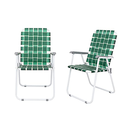 Outvita Webbed Lawn Chairs Set of 2, Foldable Alloy Steel Patio Chairs Stable Frame Outdoor Chair for Camping, Fishing, Beach, Poolside, Backyard and BBQ (Green&Khaki)