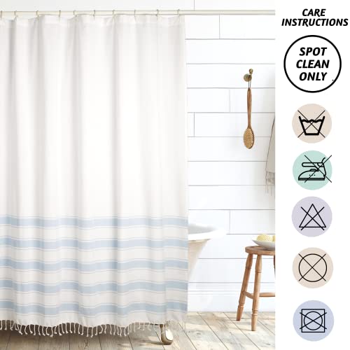 Folkulture Boho Shower Curtain Blue, 72 inch Shower Curtains for Bathroom with Tassels for Bathroom Décor, Water Repellent, Recycled Cotton, (Dusty Blue)