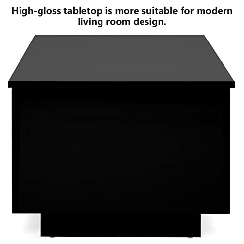 High Gloss Lift Top Table with Led Lights, Led Coffee Table with Storage Shelf and Hidden Compartment for Home Living Room Reception Room Office, Black