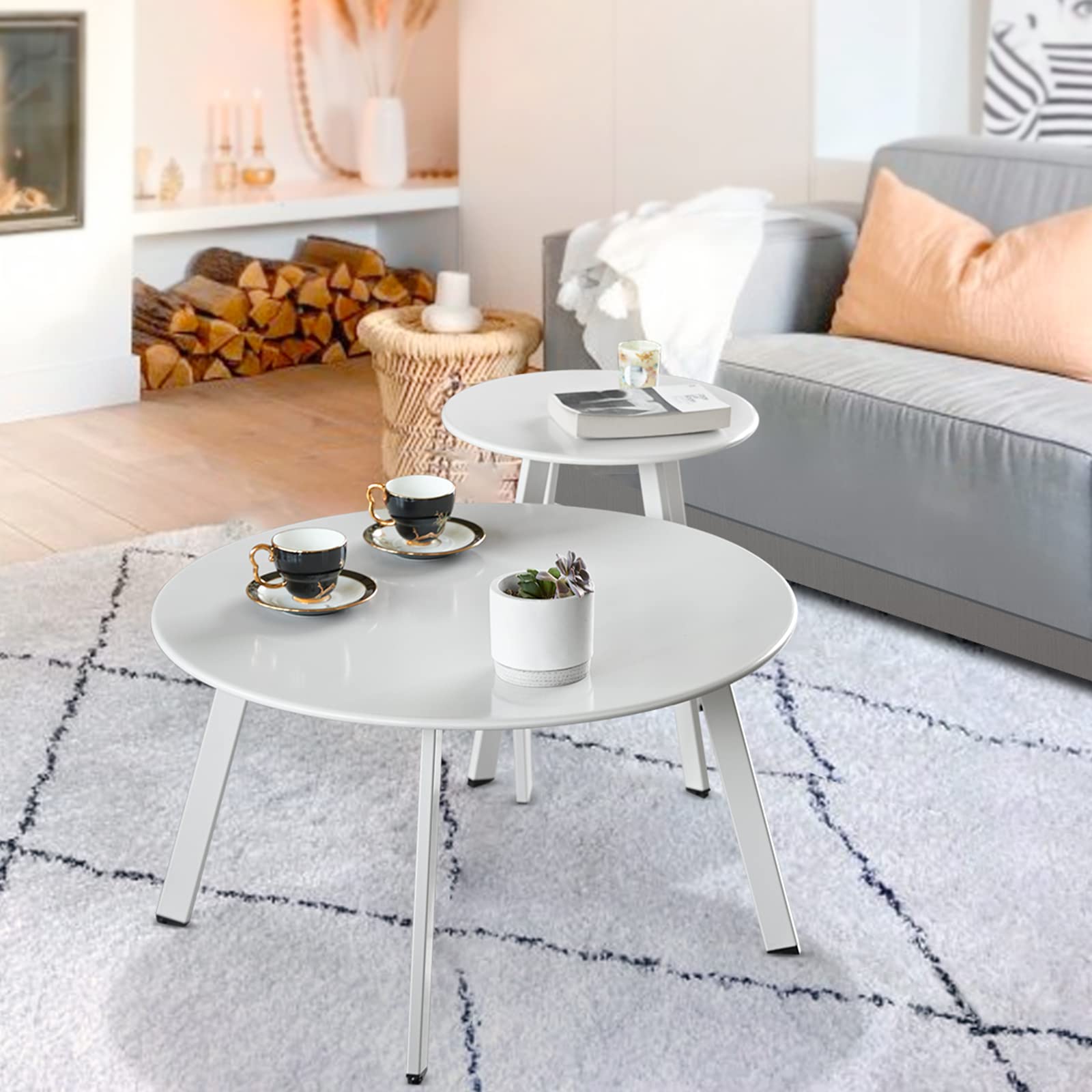 Meluvici Patio Coffee Table Set of 2, Weather Resistant Outdoor Round End Table, Nesting Tables for Living Room Balcony Office, White