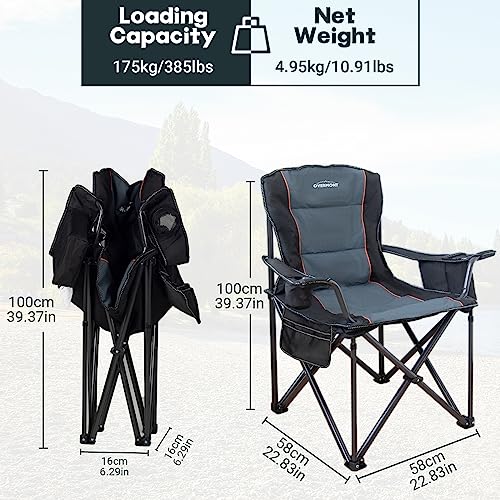 Overmont Oversized Camping Folding Chair Heavy Duty Steel Frame Collapsible Padded Arm Chair with Cup Holder Cooler Pocket Quad Lumbar Back, Portable for Outdoor Beach Fishing Support 385 LBS