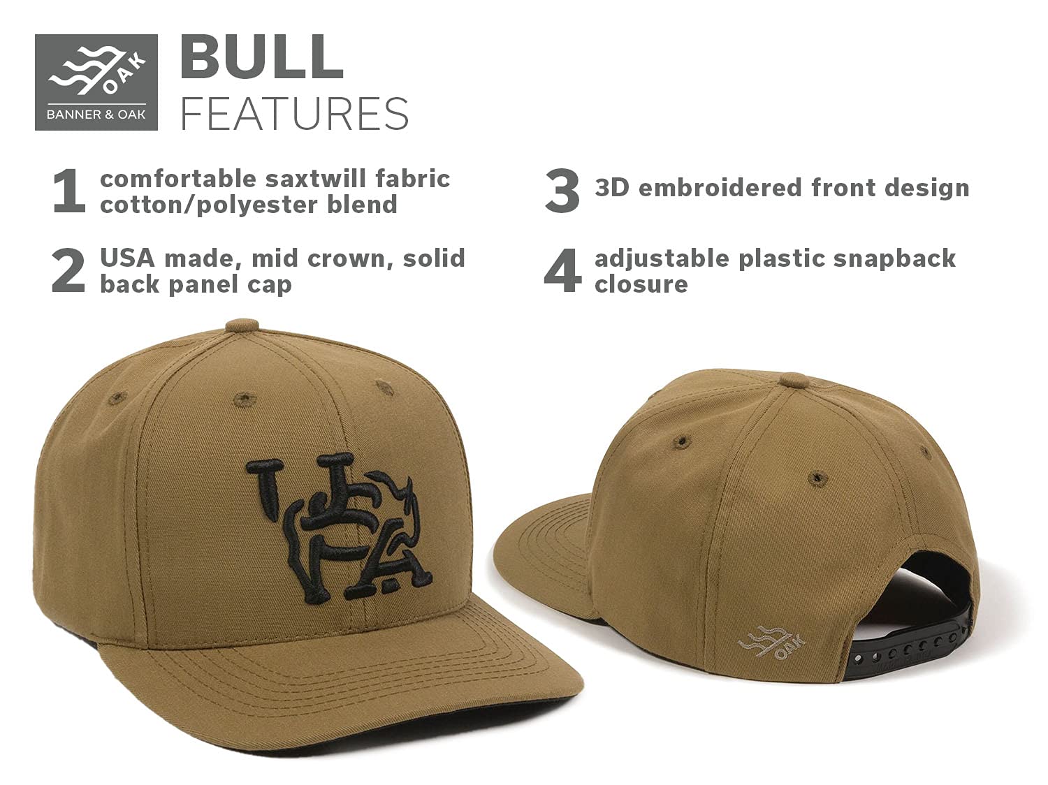 Bull Embroidered USA Logo Hat - Adjustable Baseball Cap w/Plastic Snapback Closure Tan