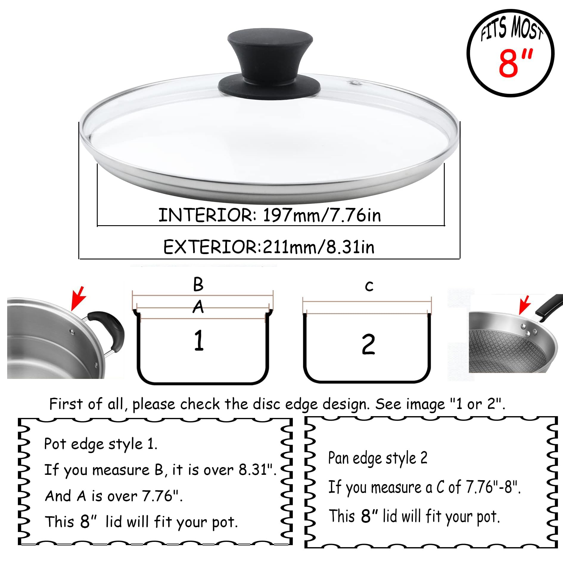 HEVSTIL Universal Lid for Pots, Pans and Skillets,8inch /21cm Clear Glass Pot Lid with Heat Resistant Silicone Handle Glass Replacement Lid for Frying Pan, Frying Pans,Pan Lid, Cast Iron, CrockPot
