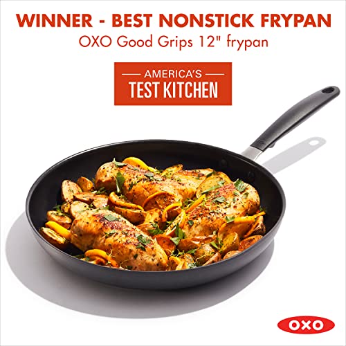 OXO Good Grips 12" Frying Pan Skillet, 3-Layered German Engineered Nonstick Coating, Stainless Steel Handle with Nonslip Silicone, Black