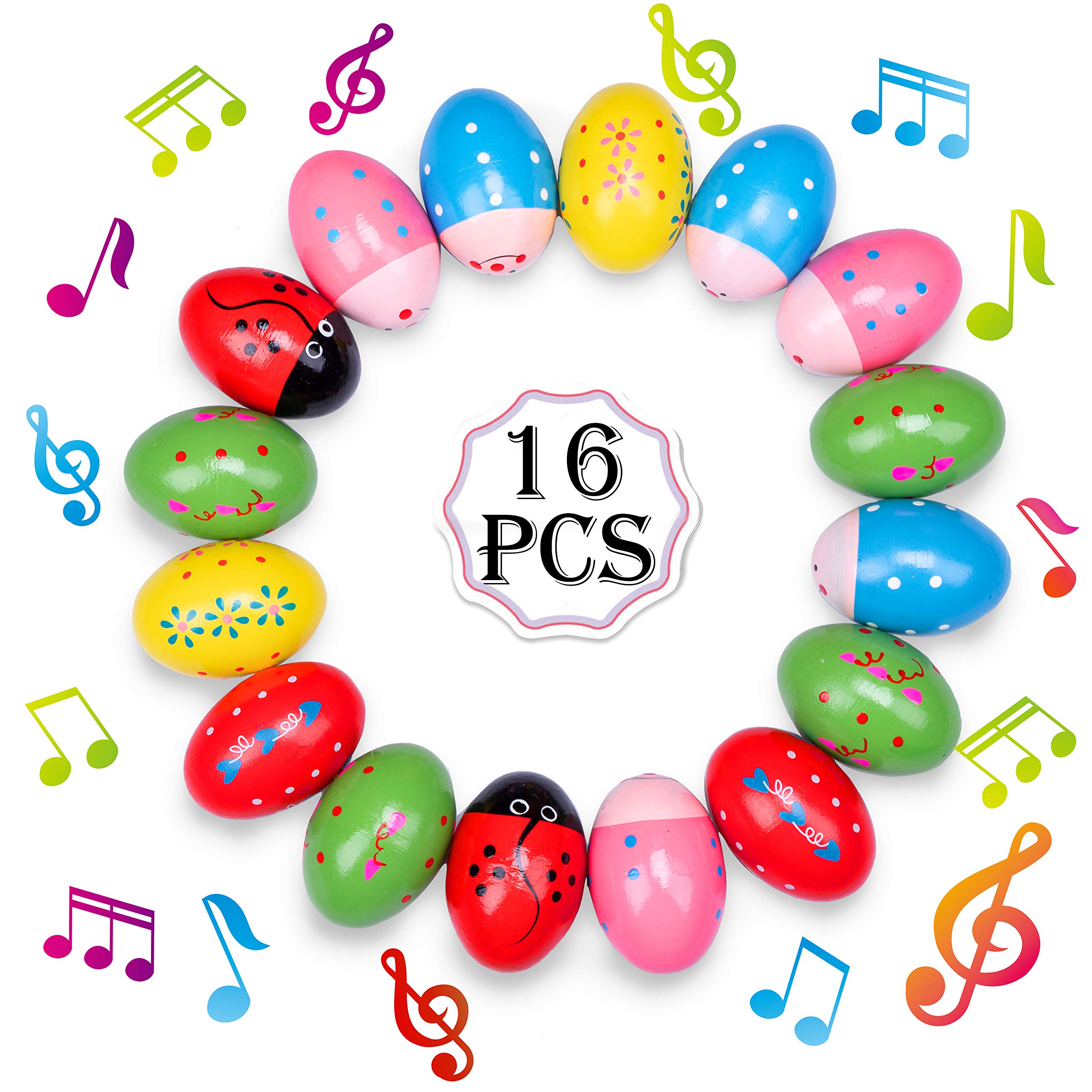 Geefuun 16 PCS Easter Wooden Eggs Shakers Musical Instruments Decorations Percussion Maracas Craft for Kids/Toddlers Hunt Game Gifts Basket Christmas Stocking Stuffers Fillers Decor