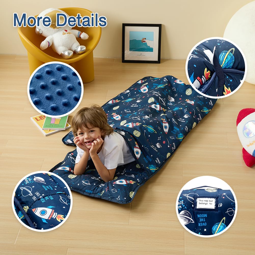 beeweed Toddler Nap Mat, Rollup Design Kid Sleeping Mat with Removable Pillow & Minky Blanket, Toddler Sleeping Bag for Daycare Preschool Travel Camping, Space Ship