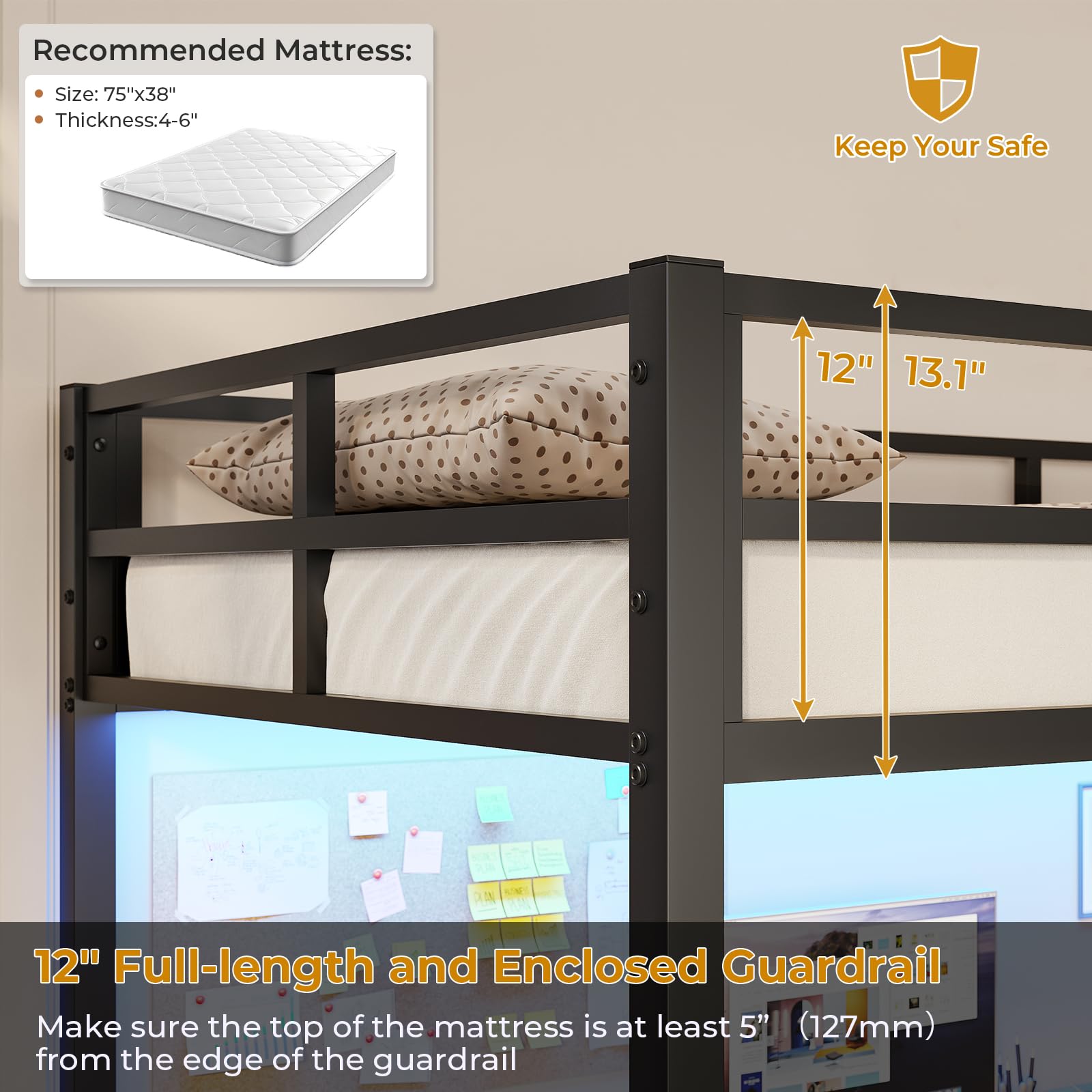 DICTAC Loft Bed Full Size with Desk and Led Lights Full Metal Loft Bed with Charging Station Full Size Metal Bed Frame with Safety Guard & Ladder, Space-Saving,No Noise,No Box Spring Needed, Black