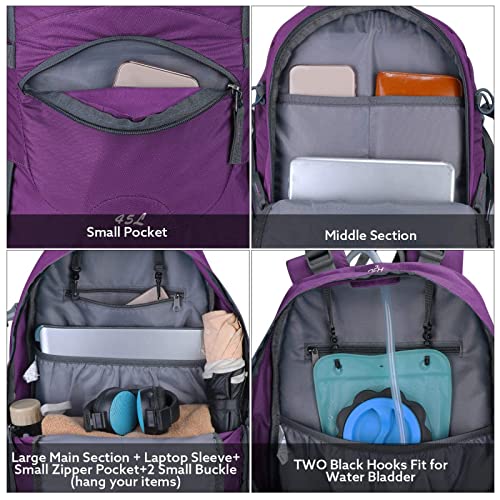 G4Free 45L Hiking Travel Backpack Waterproof with Rain Cover, Outdoor Camping Daypack for Men Women(Purple Red)