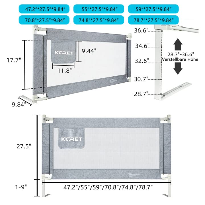 KCRET Bed Rail for Toddlers,Upgraded Infants Safety Bed Guardrail with Breathable Fabric for Twin, Double, Full-Size Queen & King Mattress (74.8"×30”, Gray)