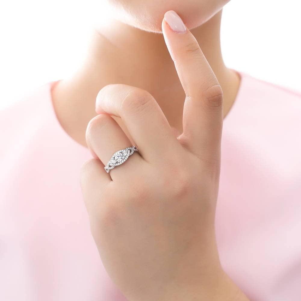 BERRICLE Sterling Silver 3-Stone Wedding Engagement Rings Round Cubic Zirconia CZ Woven Promise Ring for Women, Rhodium Plated Size 6.5