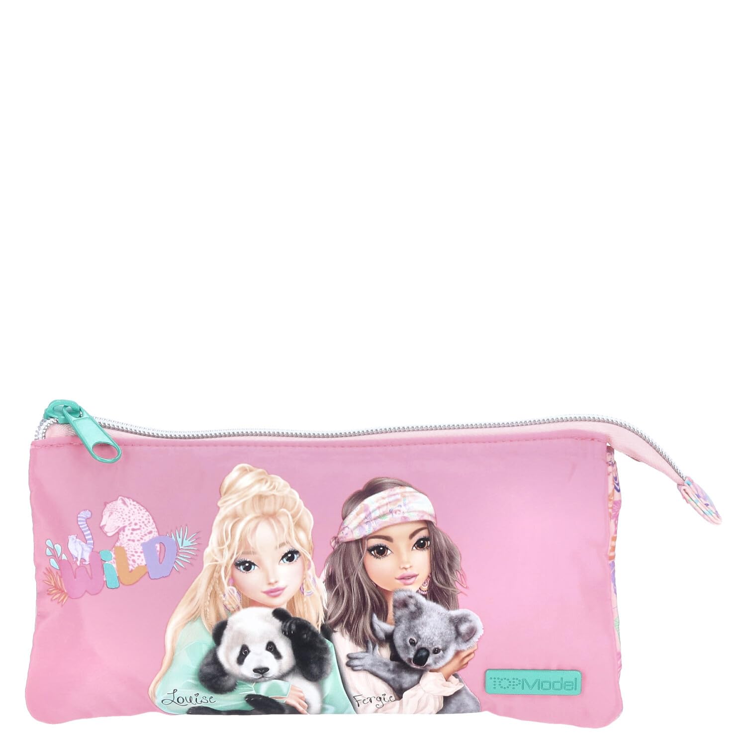 Depesche TOPModel Wild 12792 Fan Pencil Case in Pink with Model Motif and Colourful Animal Pattern, Pencil Case with 3 Zip Compartments