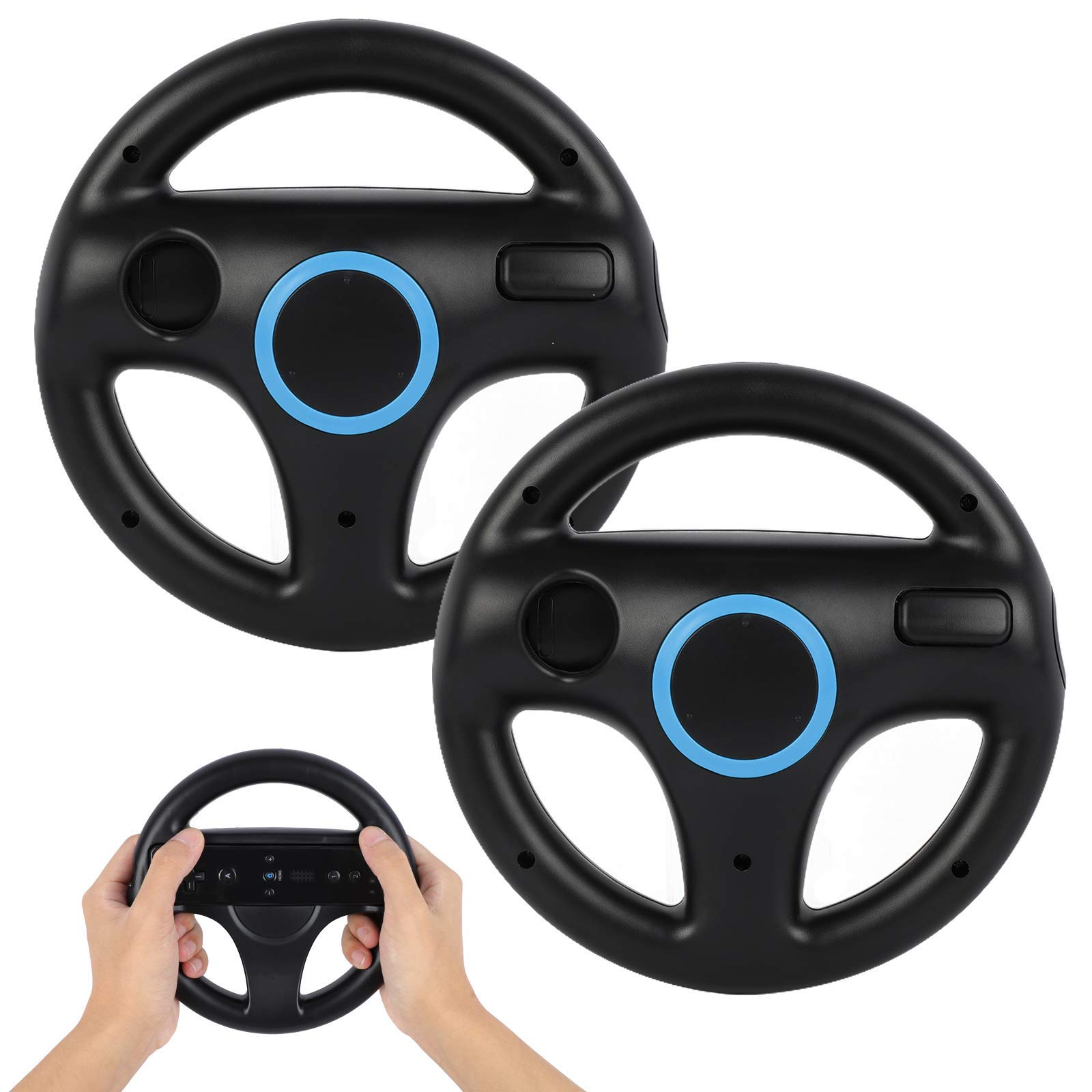 GEEKLIN Steering Wheel for Wii Controller, 2 pcs Black Racing Wheel Compatible with Mario Kart, Game Controller Wheel for Nintendo Wii Remote Game