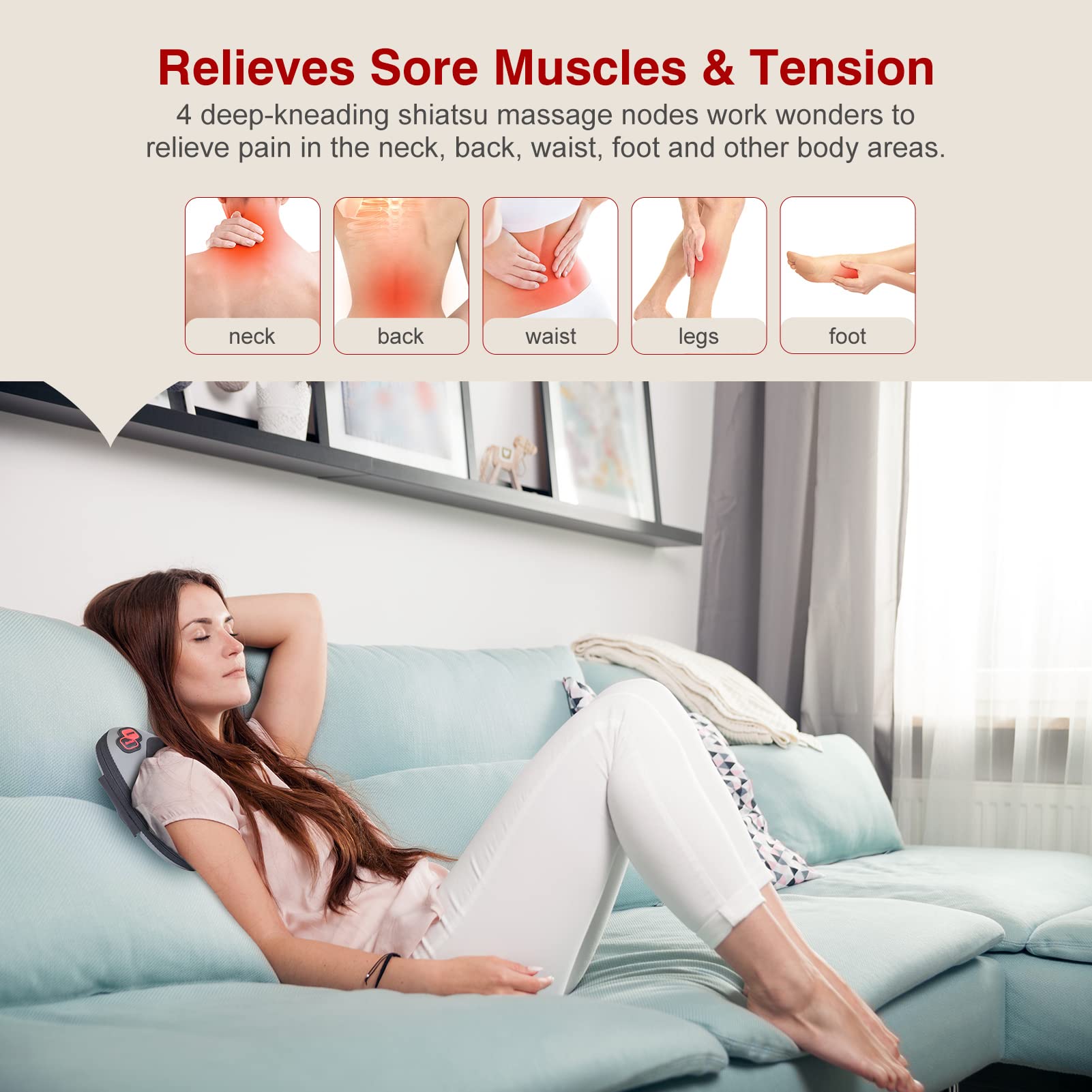 Back Massager Massage Pillow with Heat, Shiatsu and Deep Tissue Kneading for Shoulder, Lower Back and Muscle Pain Relief, Relaxation in Car Home and Office